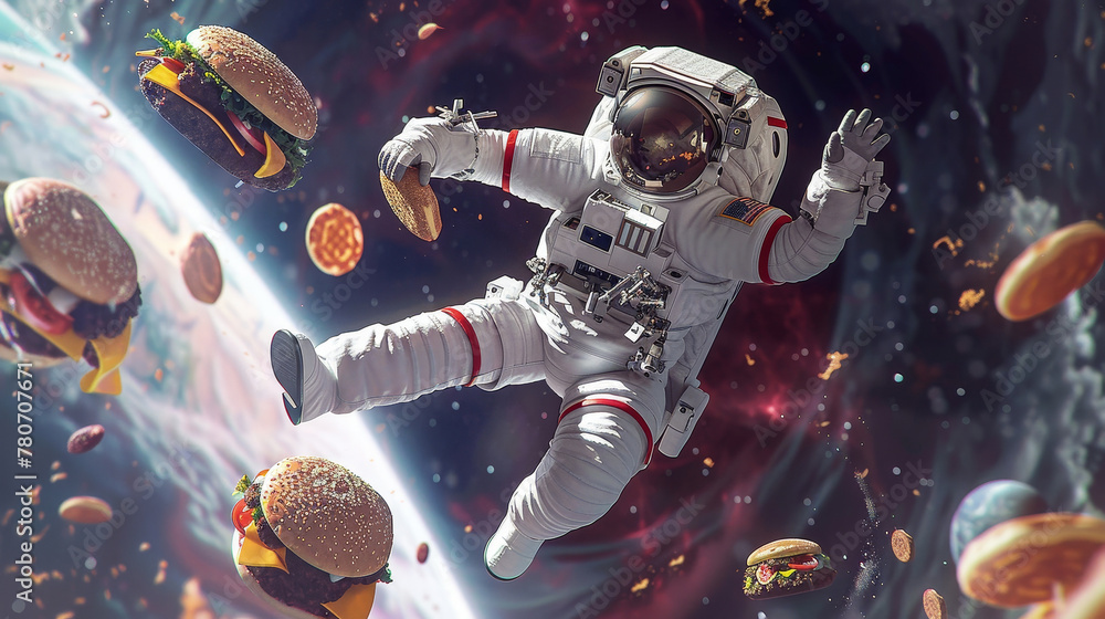Astronauts celebrating National Burger Day in space, floating burgers ...