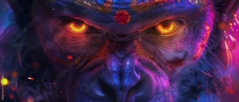 Close-up of Hanuman's face in neon technicolor, intense eyes emitting a ...