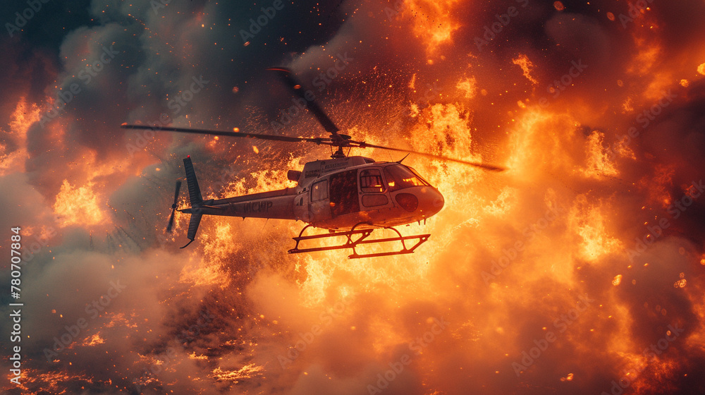 Illustration of a military helicopter, the helicopter is flying high in ...