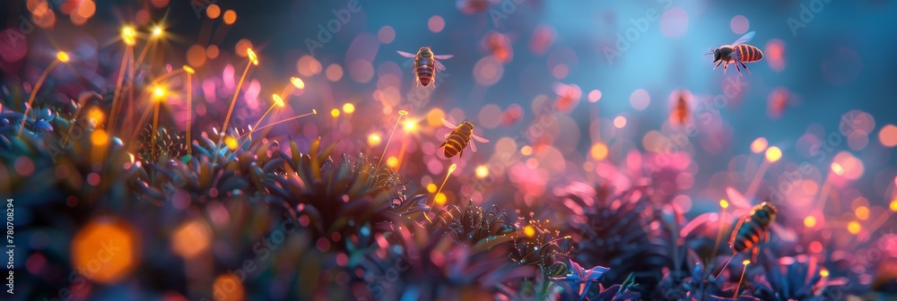 Neon-colored bees buzzing around a hive in the farm, their trails ...