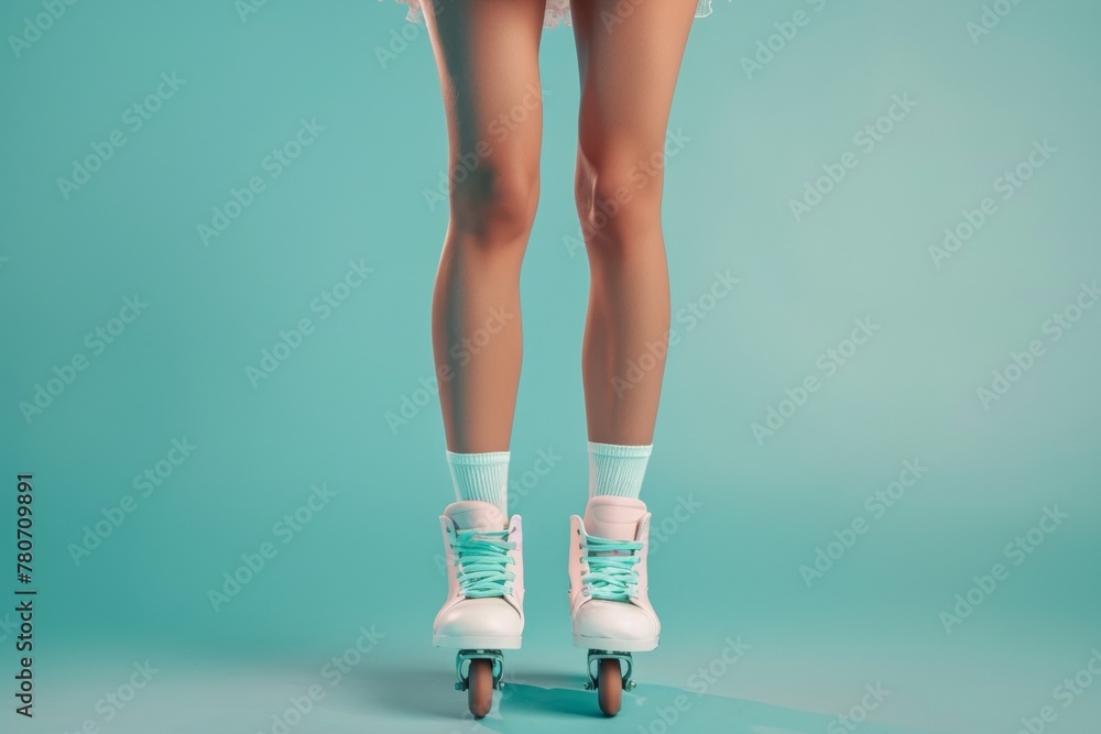 cropped female legs in rollerskates isolated on bright plain background ...