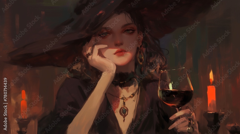 Boring witch enjoying her life with a glass of wine, illustration of a ...