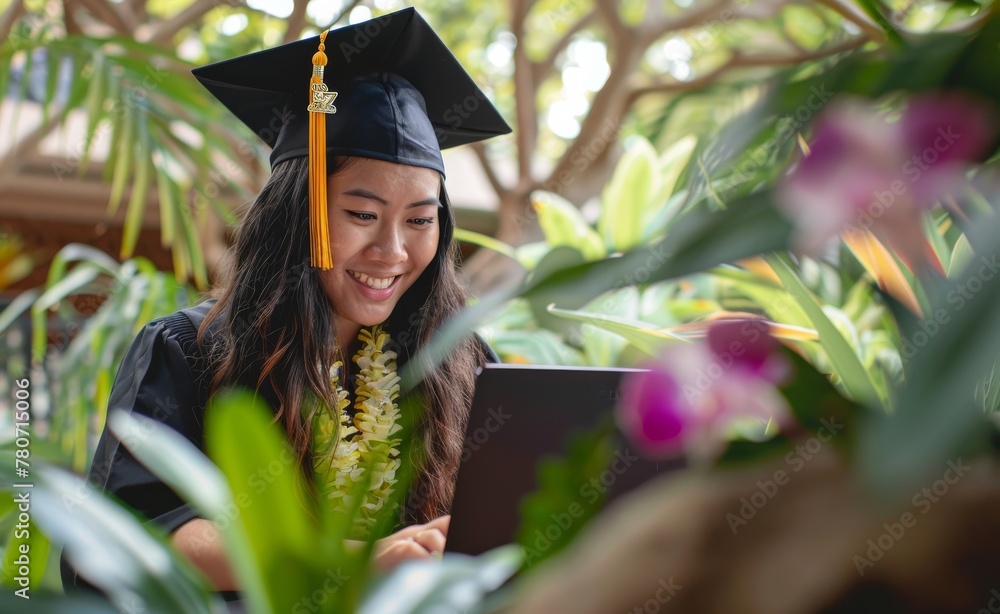 College female student attending a virtual graduation ceremony on a ...