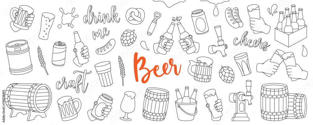 Beer outline set. Wooden barrels, cans, mugs, metal keg, bottle opener ...