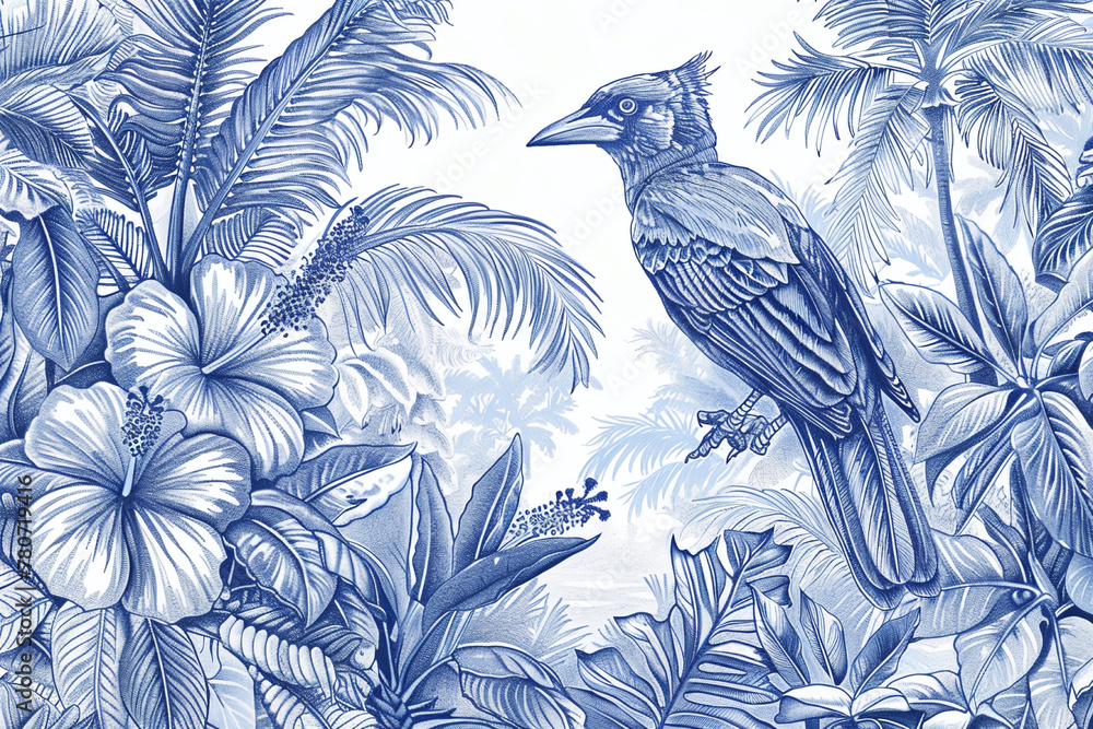 Blue and white jungle bird drawing created in blue ink line art style ...