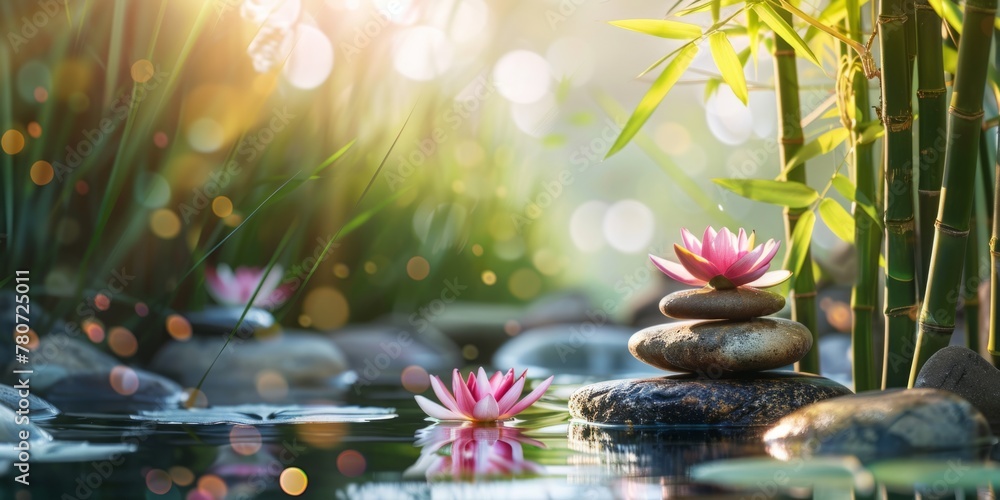 Beautiful zen background with bamboo, stones and lotus flowers in water ...
