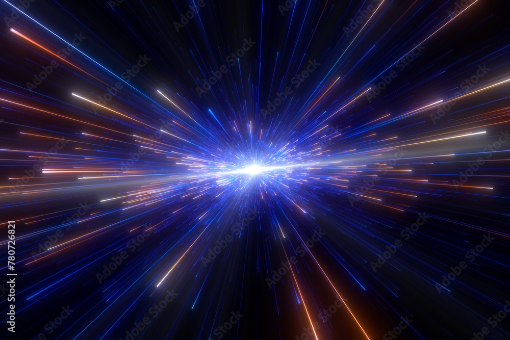 Bright radial light beams. Abstract background in blue and orange neon ...