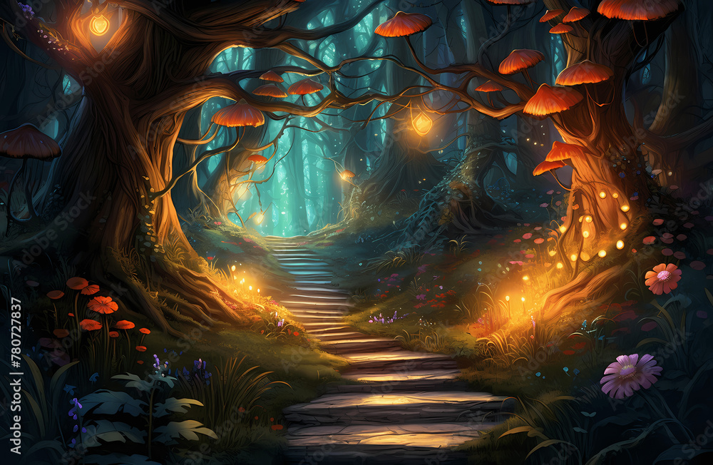 Storybook Background: Magical Forest Path with Glowing Lanterns in a ...