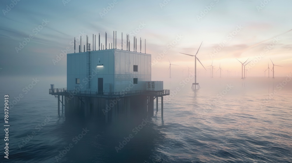 Offshore electricity substation, solar and wind turbine facility, ocean ...