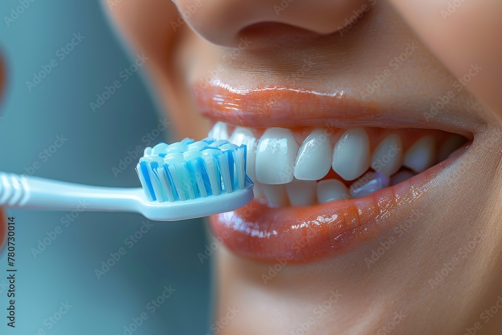 Extreme close-up detail of teeth being brushed, highlighting the ...