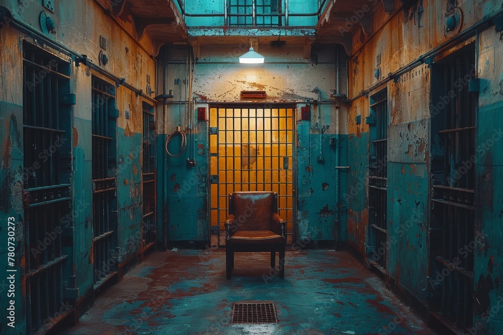 An old, worn leather chair sits centered in an abandoned prison cell ...