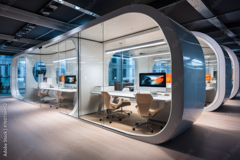 Futuristic office pods with sleek white desks, ergonomic chairs, and ...