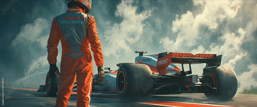 A full body shot of an F2 race car driver wearing a grey and orange ...