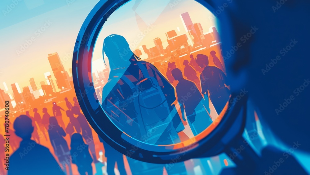 A magnifying glass focusing on one person in the crowd, with other ...