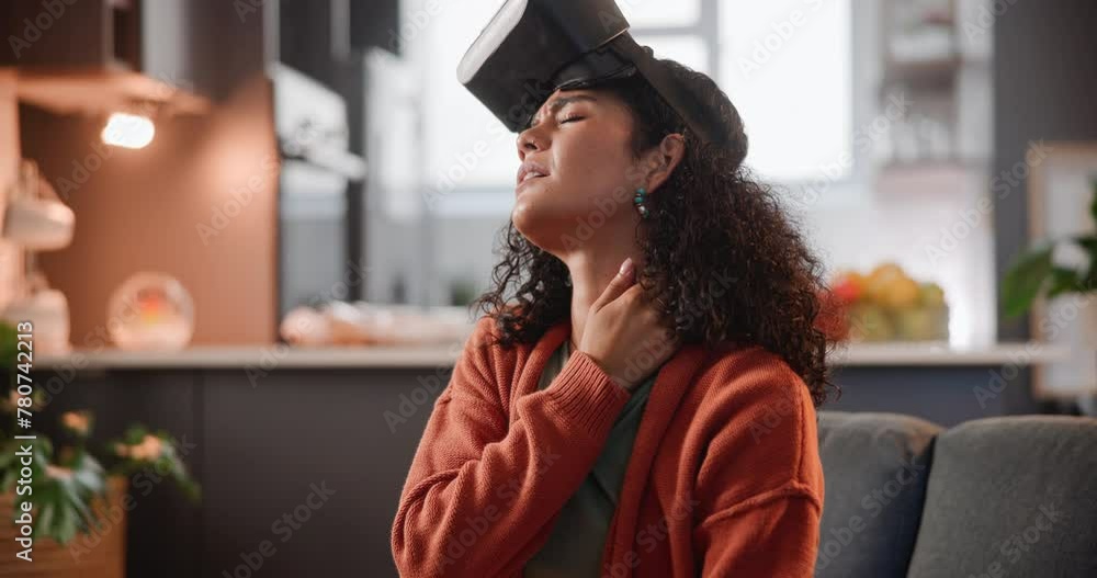 Technology, pain and woman in house with vr headset, virtual reality ...