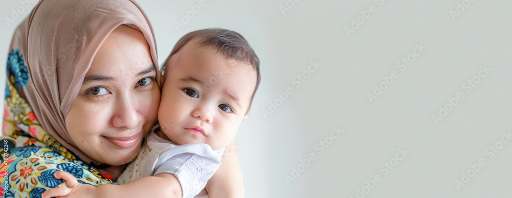 Muslim Malaysian smiling mother wear hijab hugging her sweet baby over ...