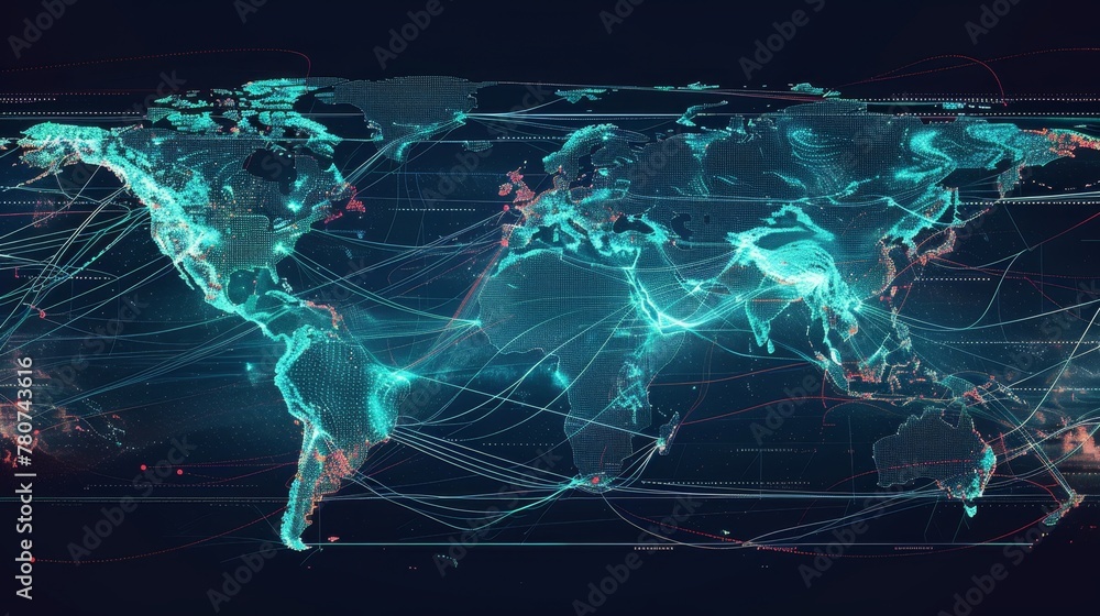 Futuristic cyber technology meshed with global trade routes on a world ...