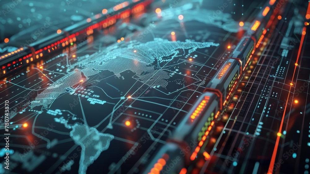 Digital world map overlayed with moving trains, symbols of data ...