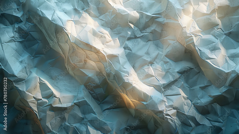 Abstract crumpled paper texture with play of light on cool tones ...