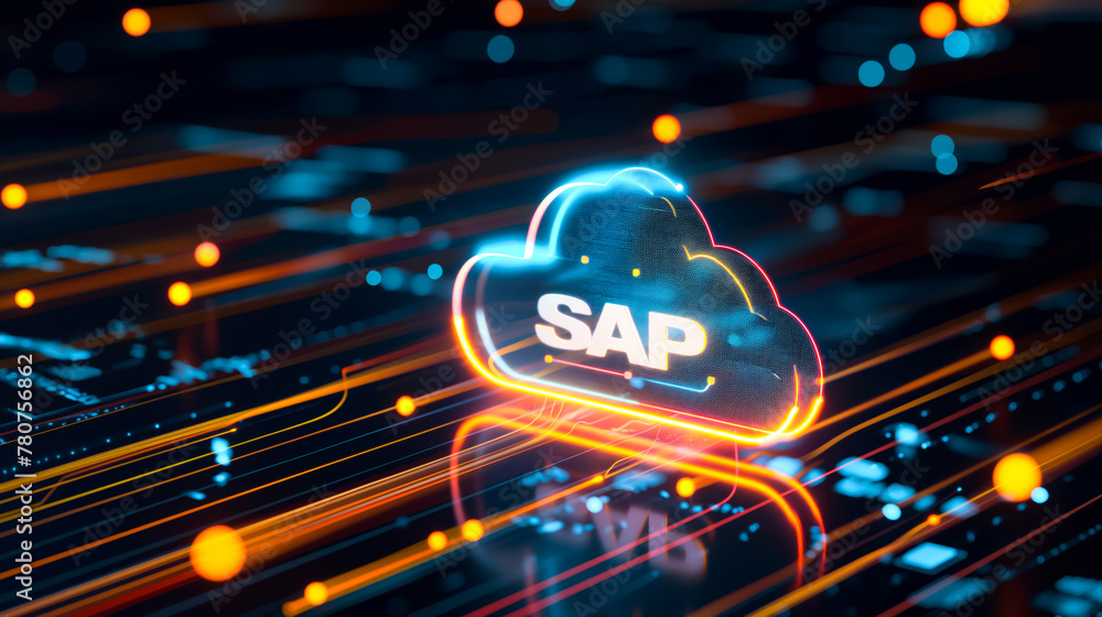 Cloud Computing Data Management. Neon glowing cloud symbol with a dynamic digital circuit ...