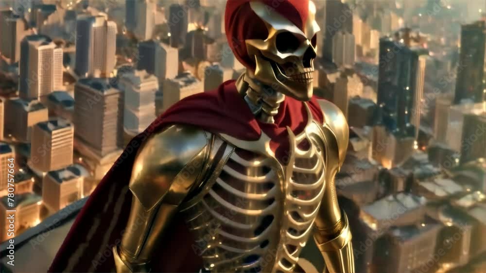 A digital artwork depicting a skeleton dressed as a superhero, standing atop a skyscraper with a ...