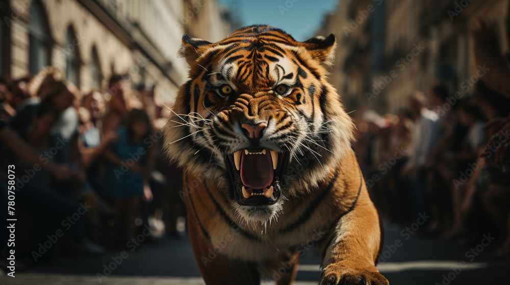 On The Bustling Gran Via Street A Big Tiger Chasing People Stock ...