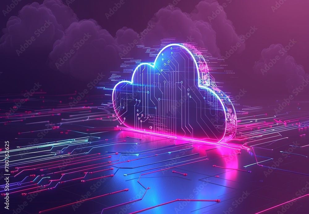 Futuristic cloud computing concept: neon lights and diagrams depicting ...