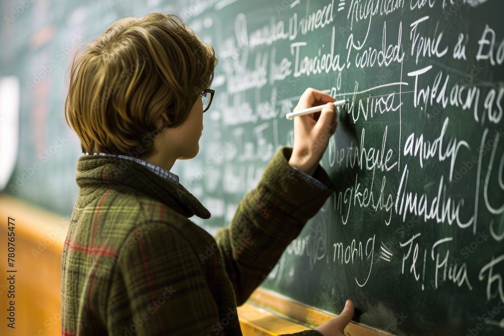 A teacher writing motivational quotes on the chalkboard, A teacher ...
