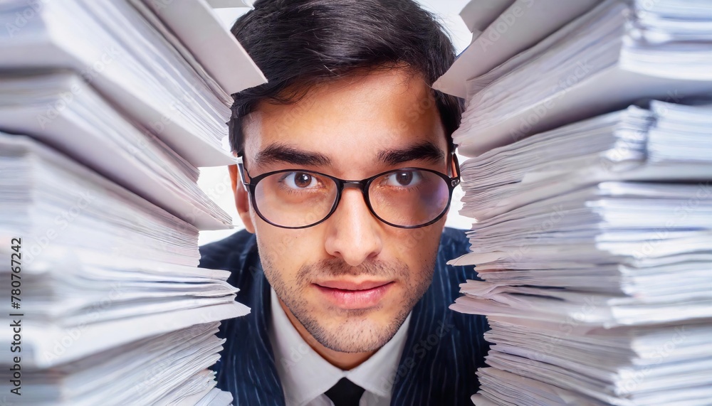 paperwork concept, with person trapped between stacks of paper Stock ...
