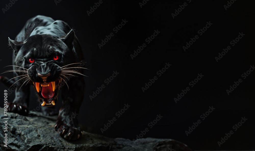 evil looking panther. Black background. With copy space for text ...