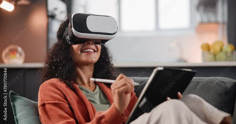 Person, virtual reality and elearning or house on sofa for sketch ...