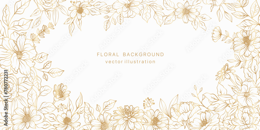 Gold flower line art background. Floral plant leaf golden frame design ...