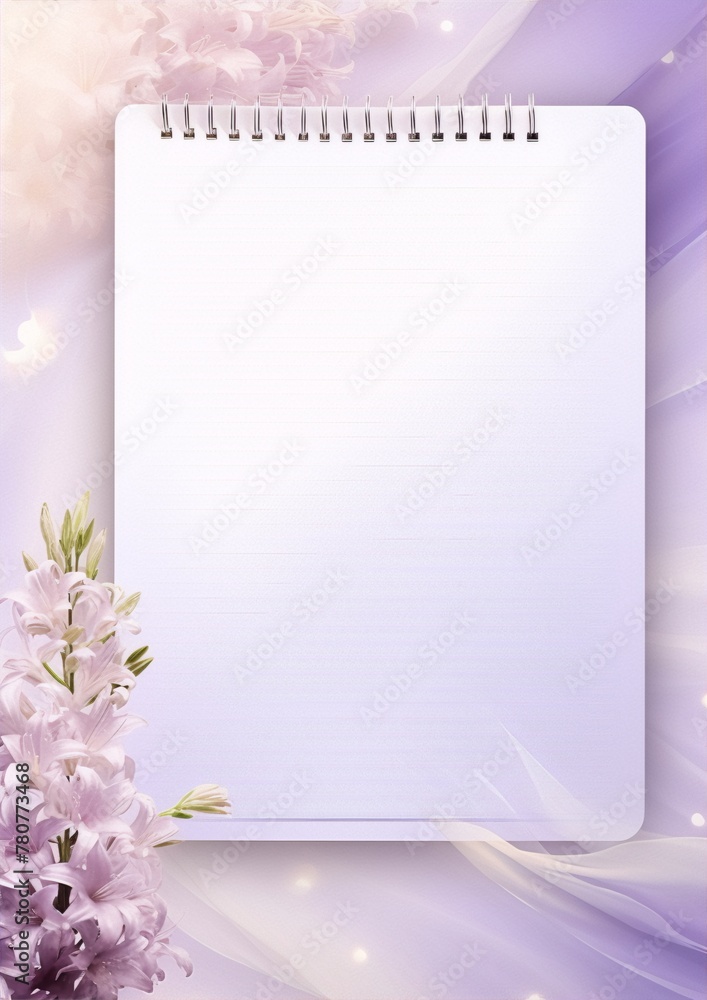 notepad and purple hyacinth flowers on a purple silk background ...