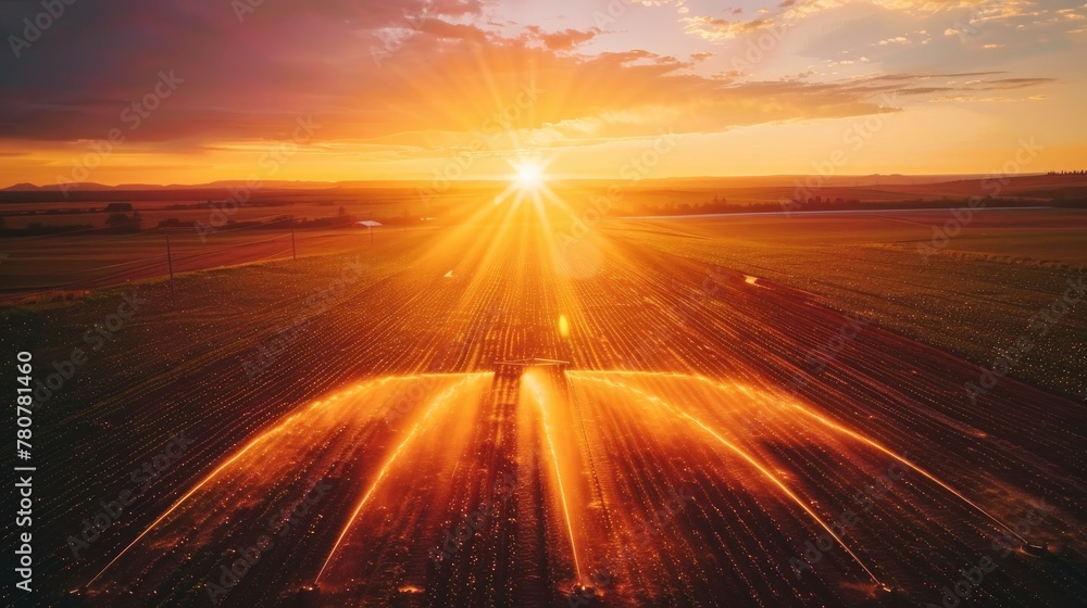 Aerial view of a farm using pivot irrigation at sunset, a sustainable ...