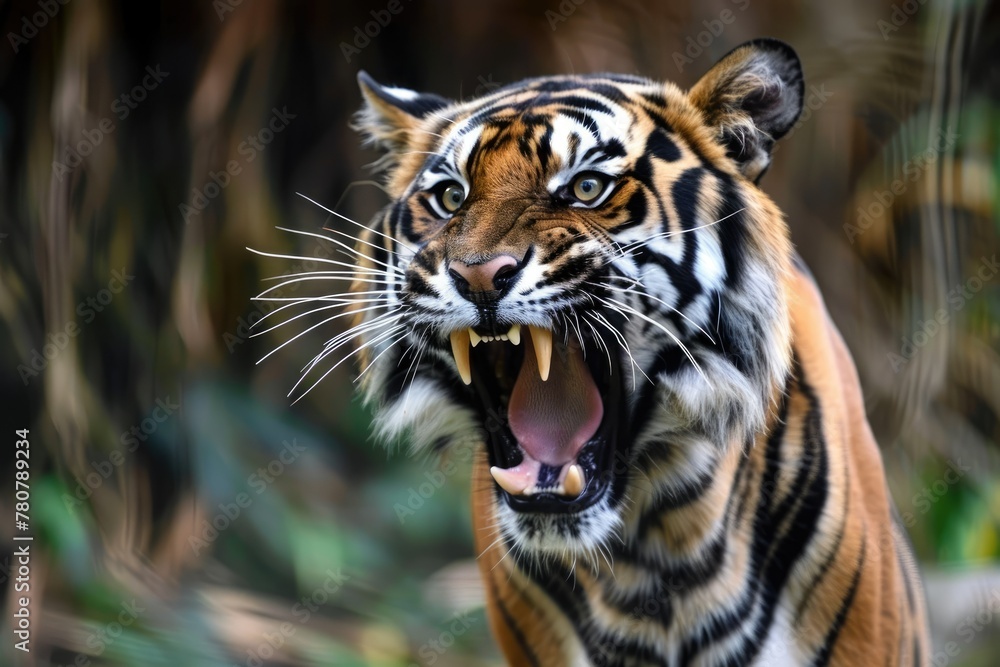 Majestic Tiger Showing Teeth in Natural Habitat - A fierce tiger with ...