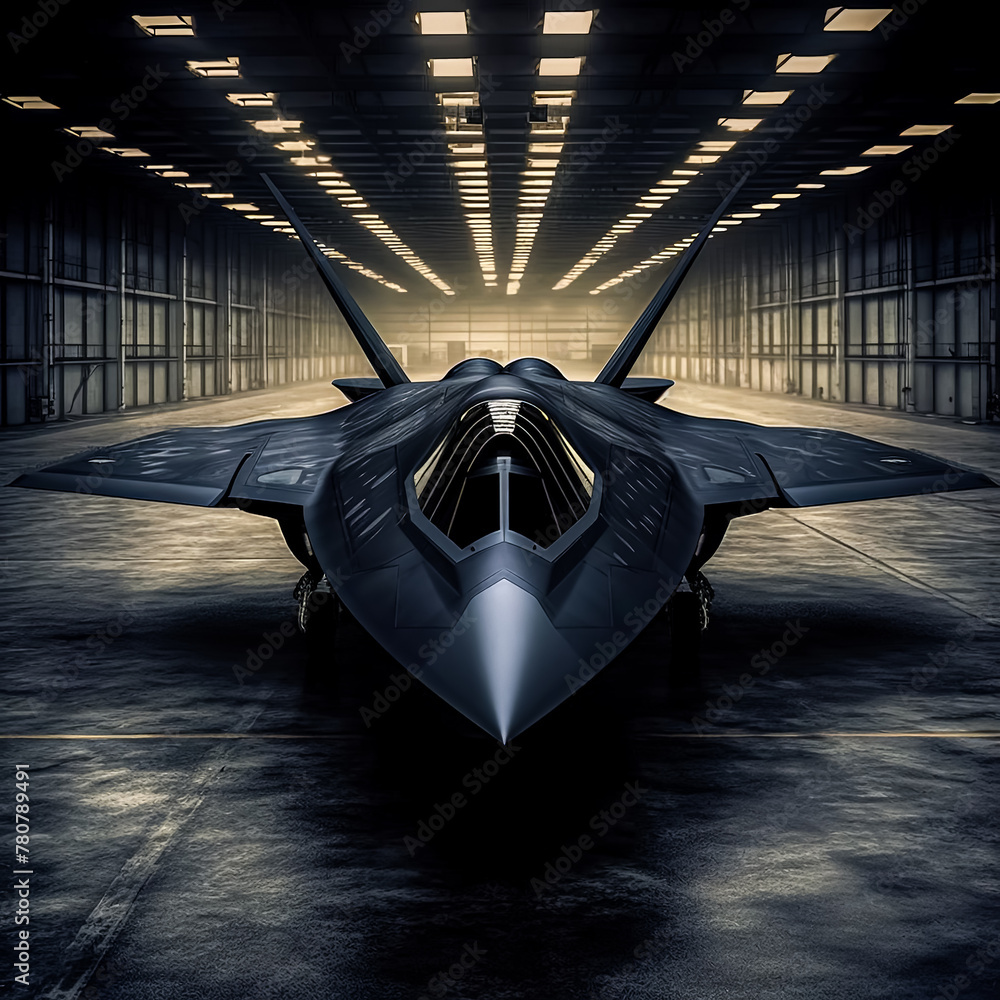 A black fighter jet is parked on a runway. The jet is large and has a ...