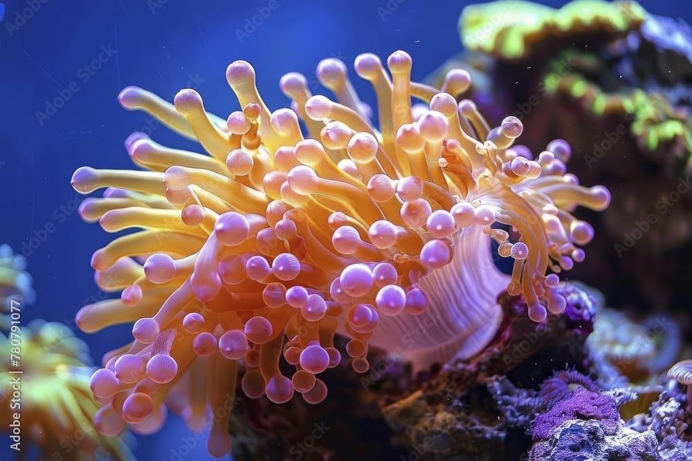 Detailed view of coral polyps feeding, illustrating the dynamics of ...