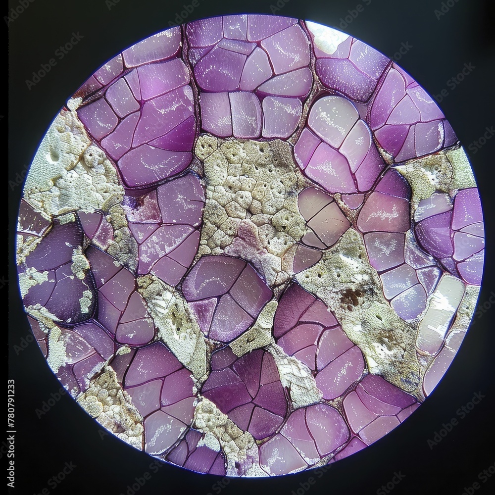 Detailed view of the cellular structure of an onion skin under a ...