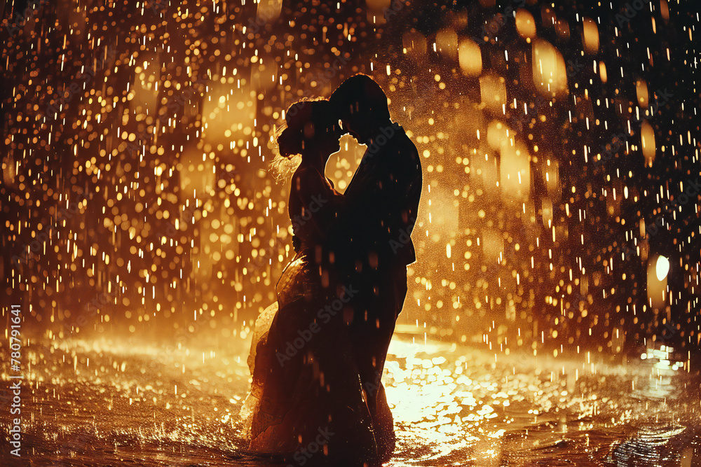 Couple dancing in the rain. Romantic scene of two people in love ...