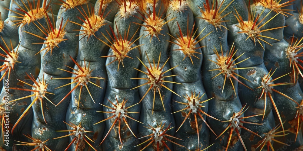 Extreme close up of the surface of a cactus, showing the spines and ...