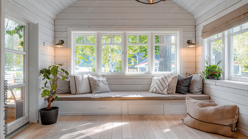 Foto Stock Scandinavian living room with shiplap ceiling, bay windows ...