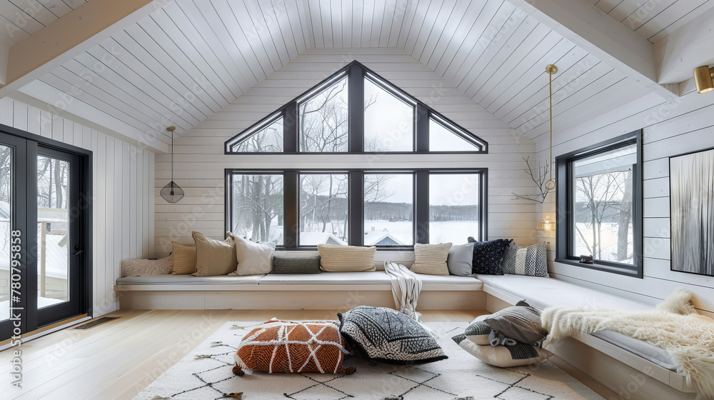 Scandinavian living room with shiplap ceiling, bay windows, window seat ...