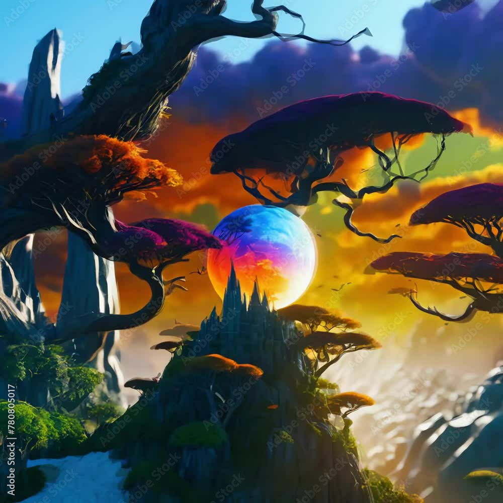 a wonderous and beautiful fantasy world with a beautiful tree of worlds ...