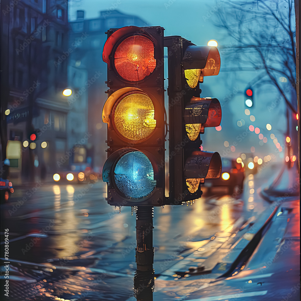 A traffic light with a yellow light is lit up in the rain. The light is ...