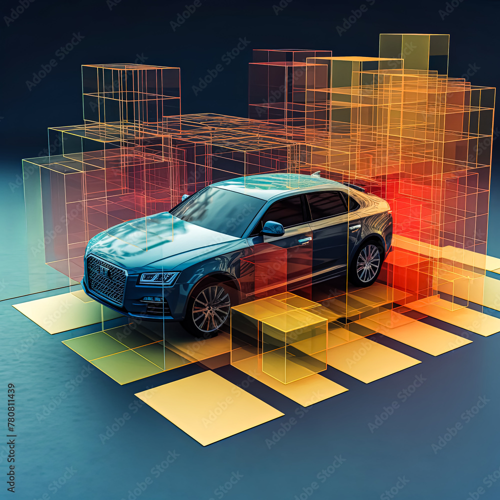 A car is shown in a futuristic setting with a lot of cubes surrounding ...