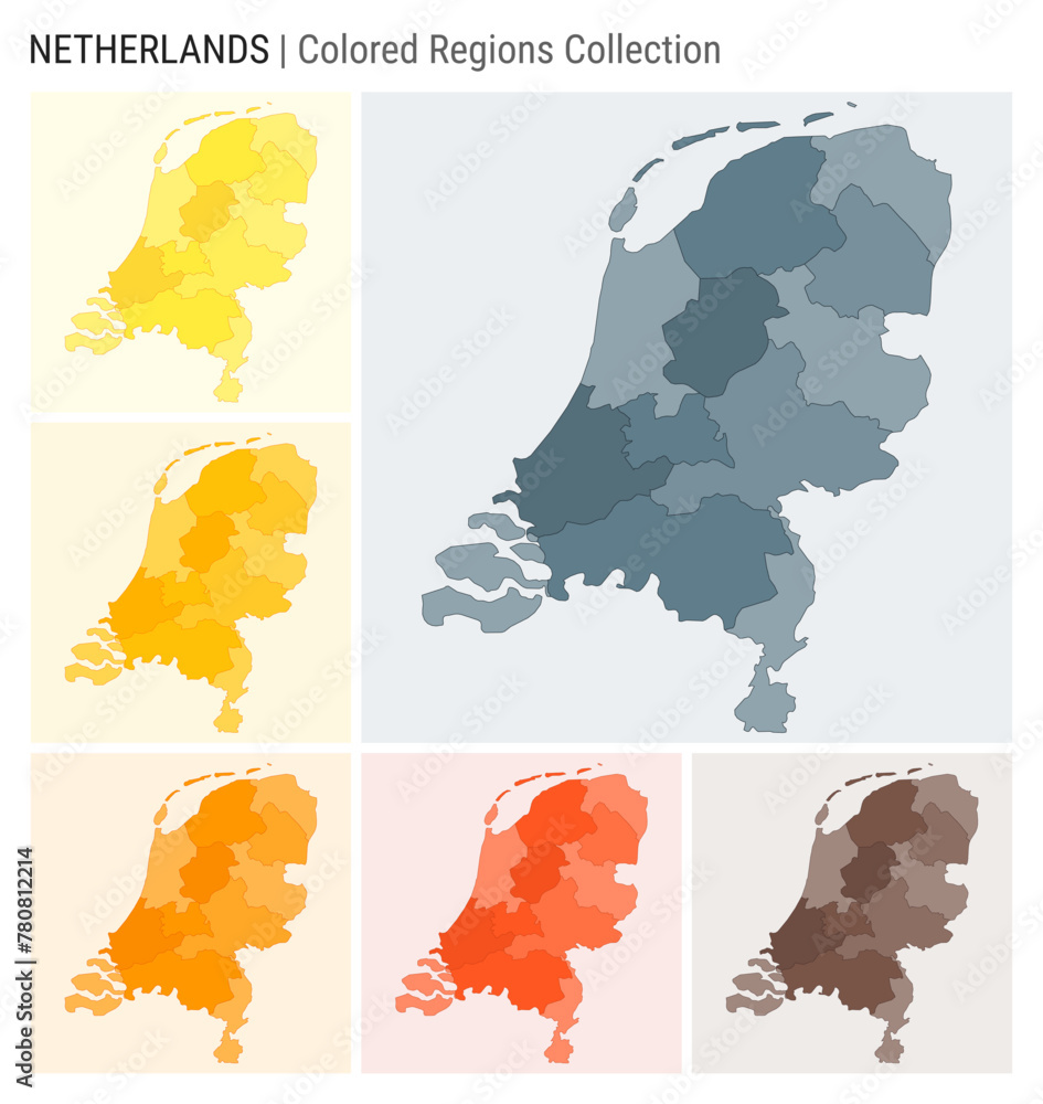 Netherlands map collection. Country shape with colored regions. Blue ...