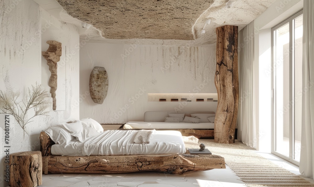 A white rustic Greek style bedroom with wood accents and a rough ...