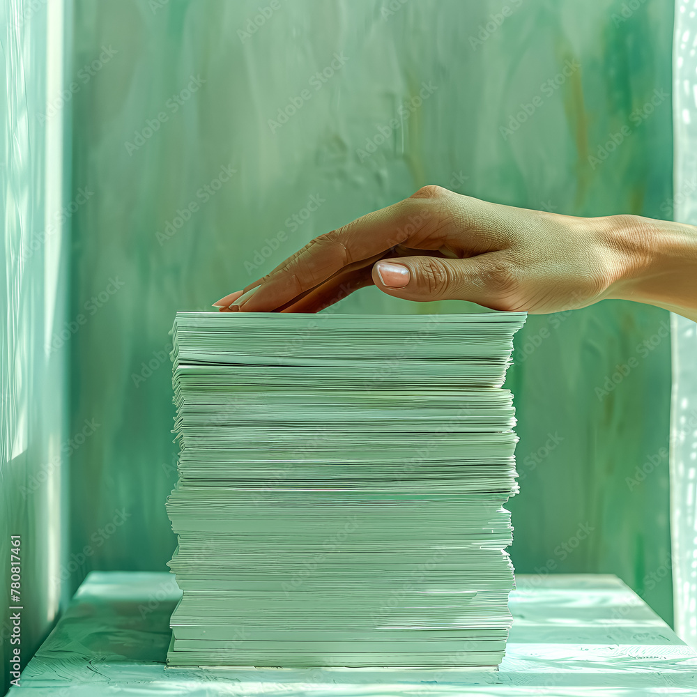 A hand is touching a stack of papers. The stack is very high and the ...