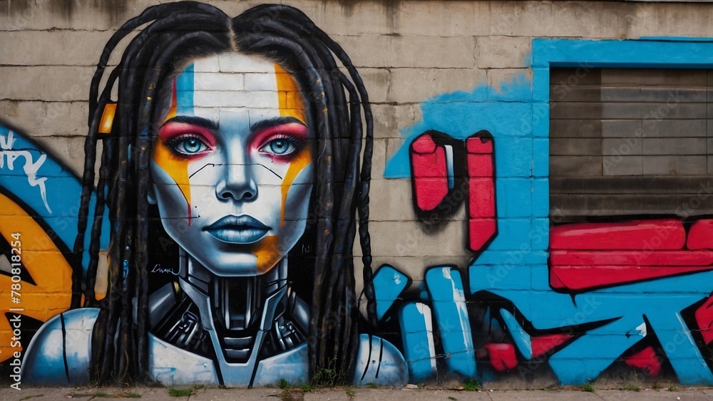Robot woman with dreadlocks, graffiti street art fashion. Beautiful ...