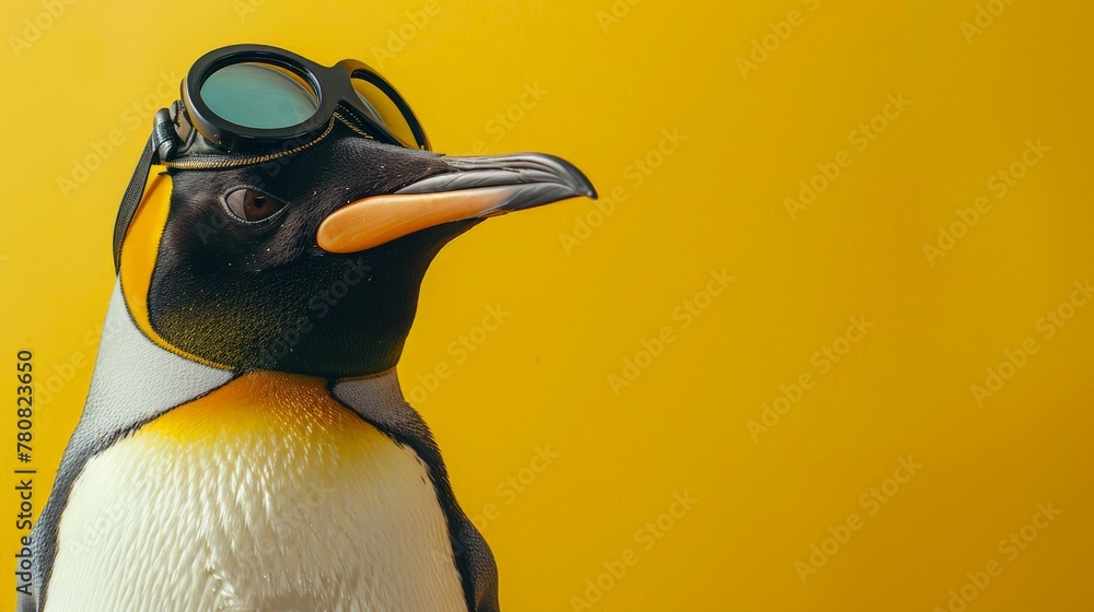 penguin dressed as a jet pilot on a solid color background, copy space ...